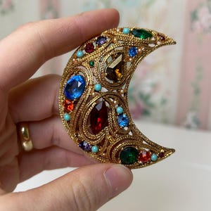 Vintage Moon Brooch / Large Brooch / Bedazzeled Brooch / Unique Crystal ...