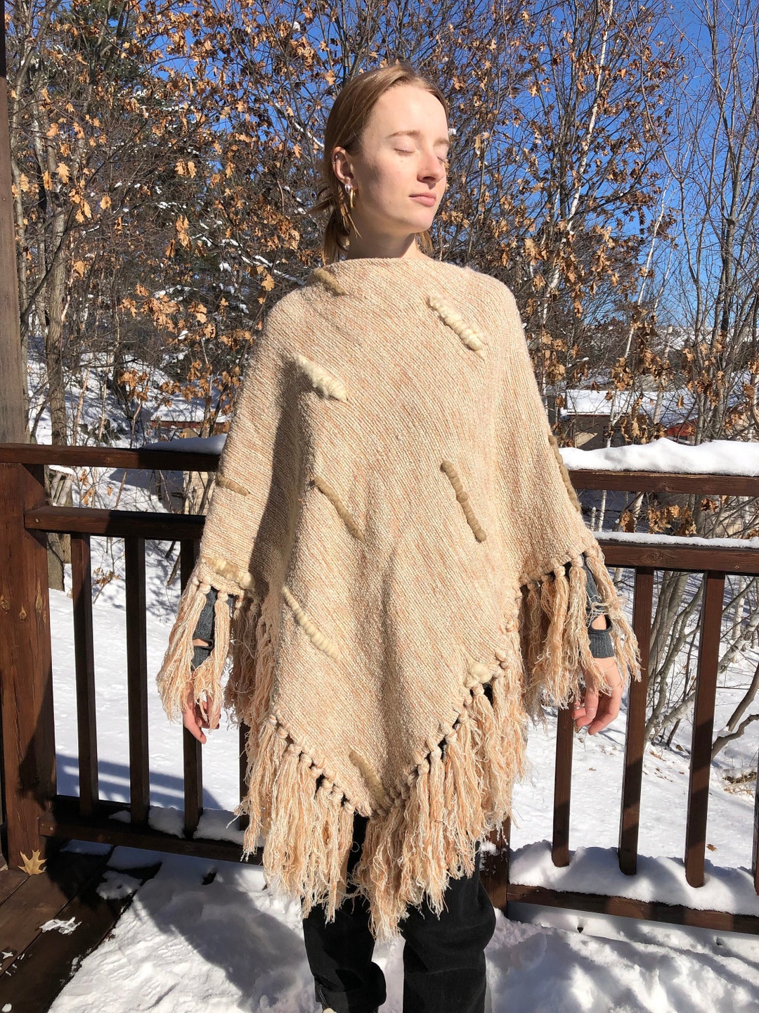 70s Hand Loomed Wool Poncho S L / Au Terroir Ste Madeleine / Made in ...