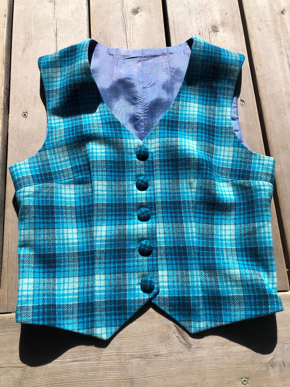 Vintage Blue Plaid Wool Vest S / Handmade Vest / Bright Wool Fashion ...