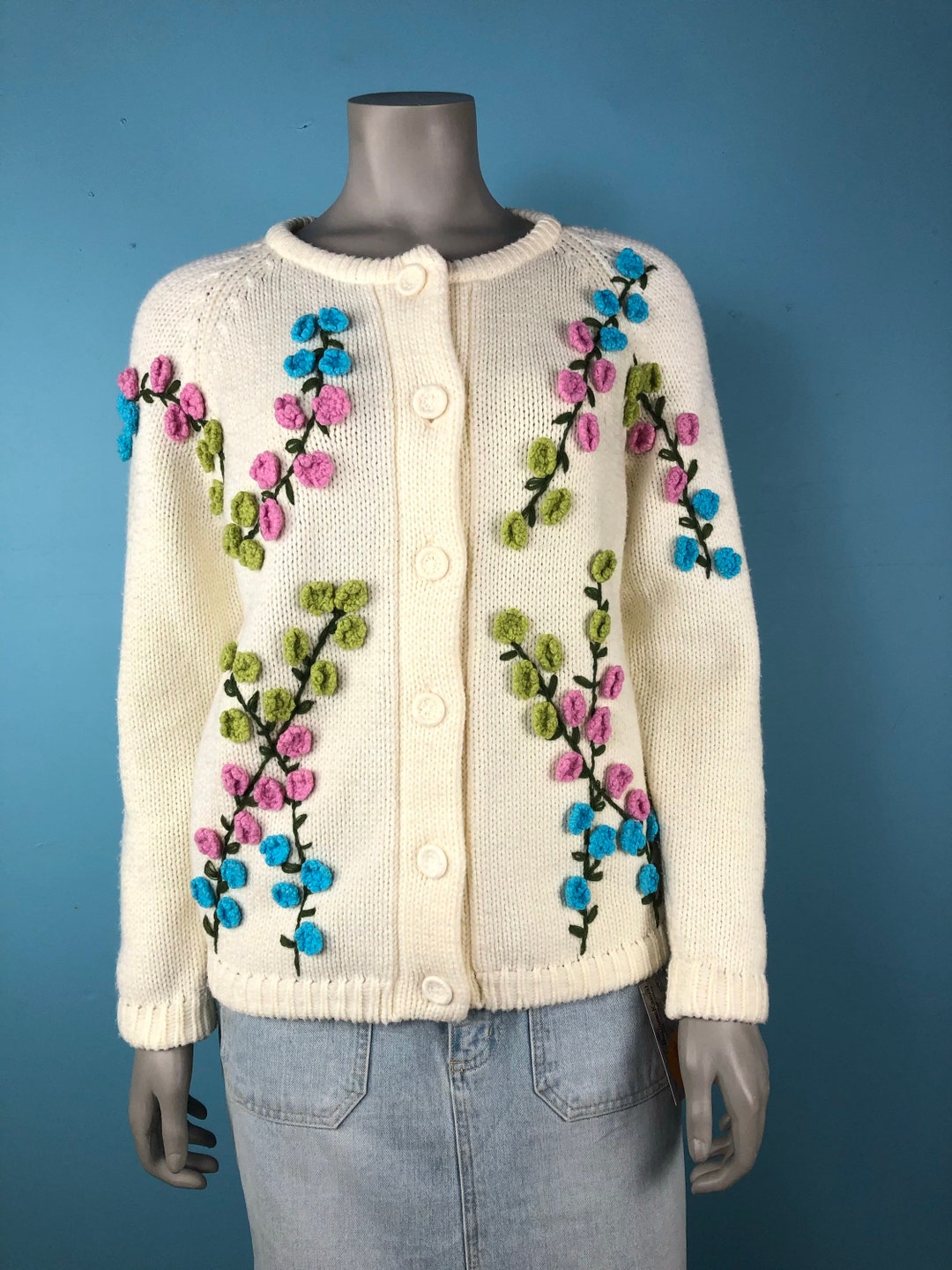 60s Floral Knit Cardigan M / 3D Flowers / Knit Flower Cardigans / 60s ...