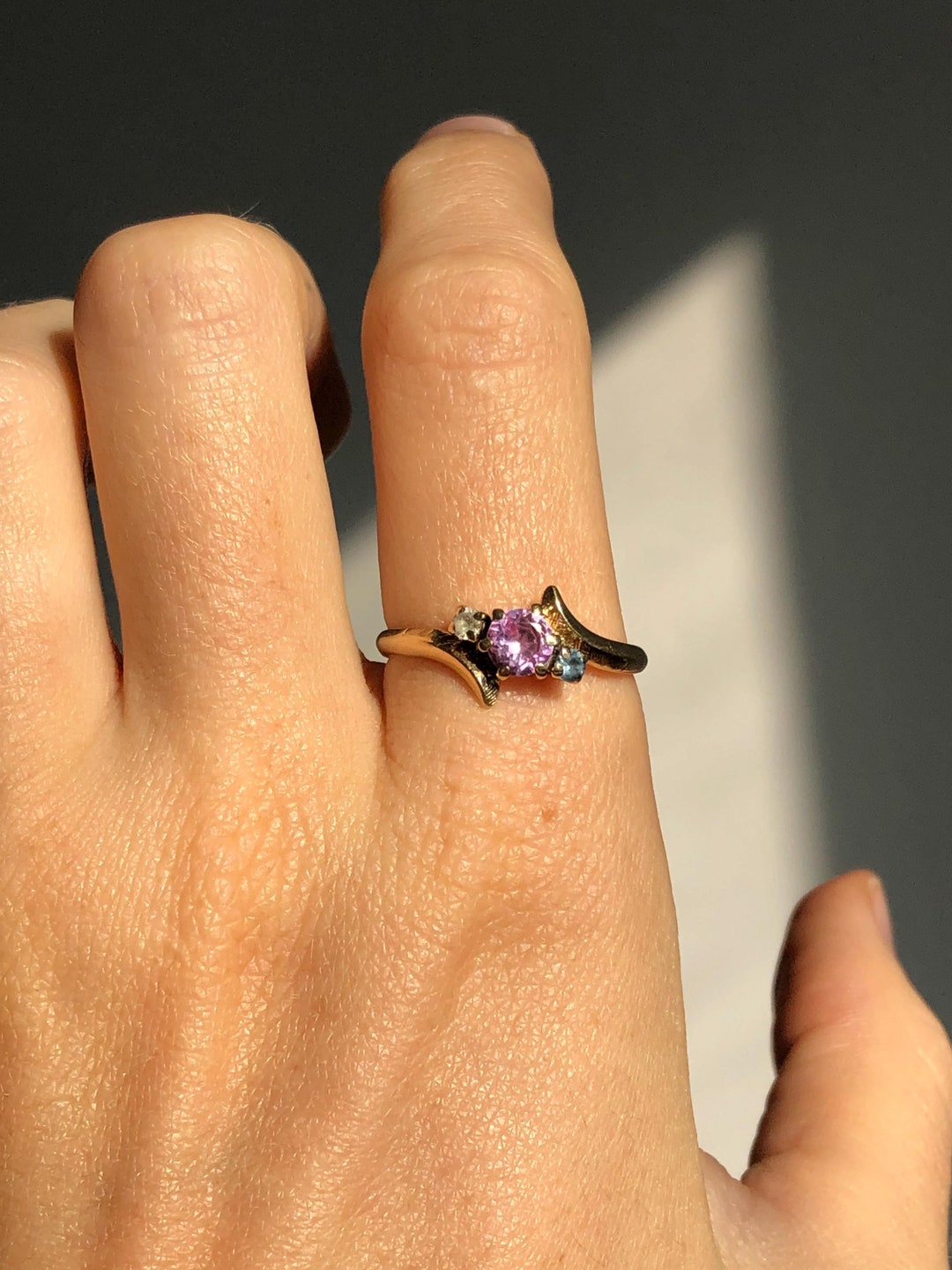 Vintage 10k Gold Triple Stone Ring Size 10 / Ladies Size 10 Ring / Pink ...