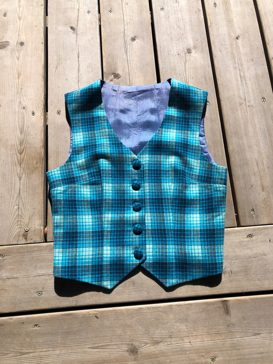 Vintage Blue Plaid Wool Vest S / Handmade Vest / Bright Wool Fashion ...