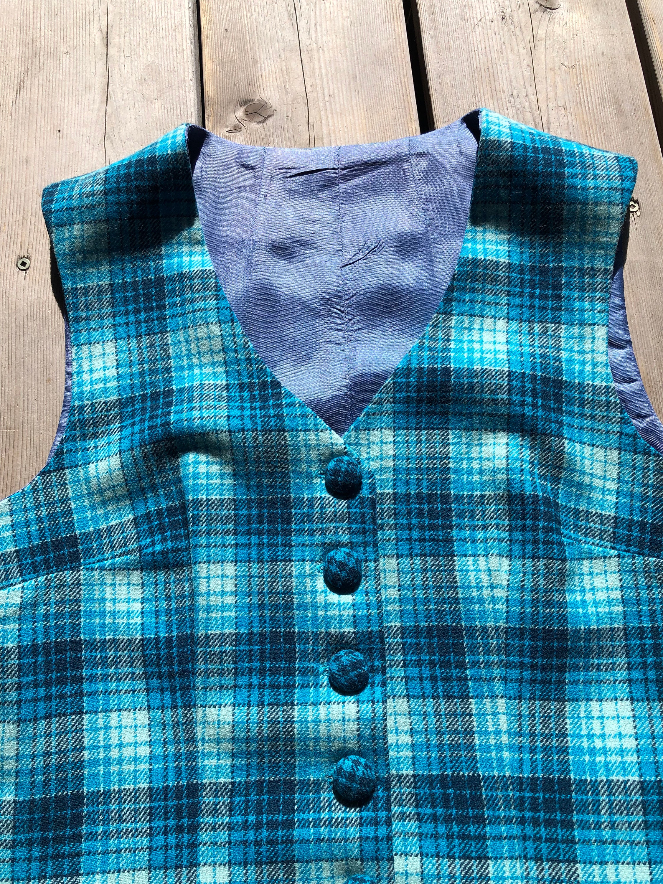 Vintage Blue Plaid Wool Vest S / Handmade Vest / Bright Wool Fashion ...