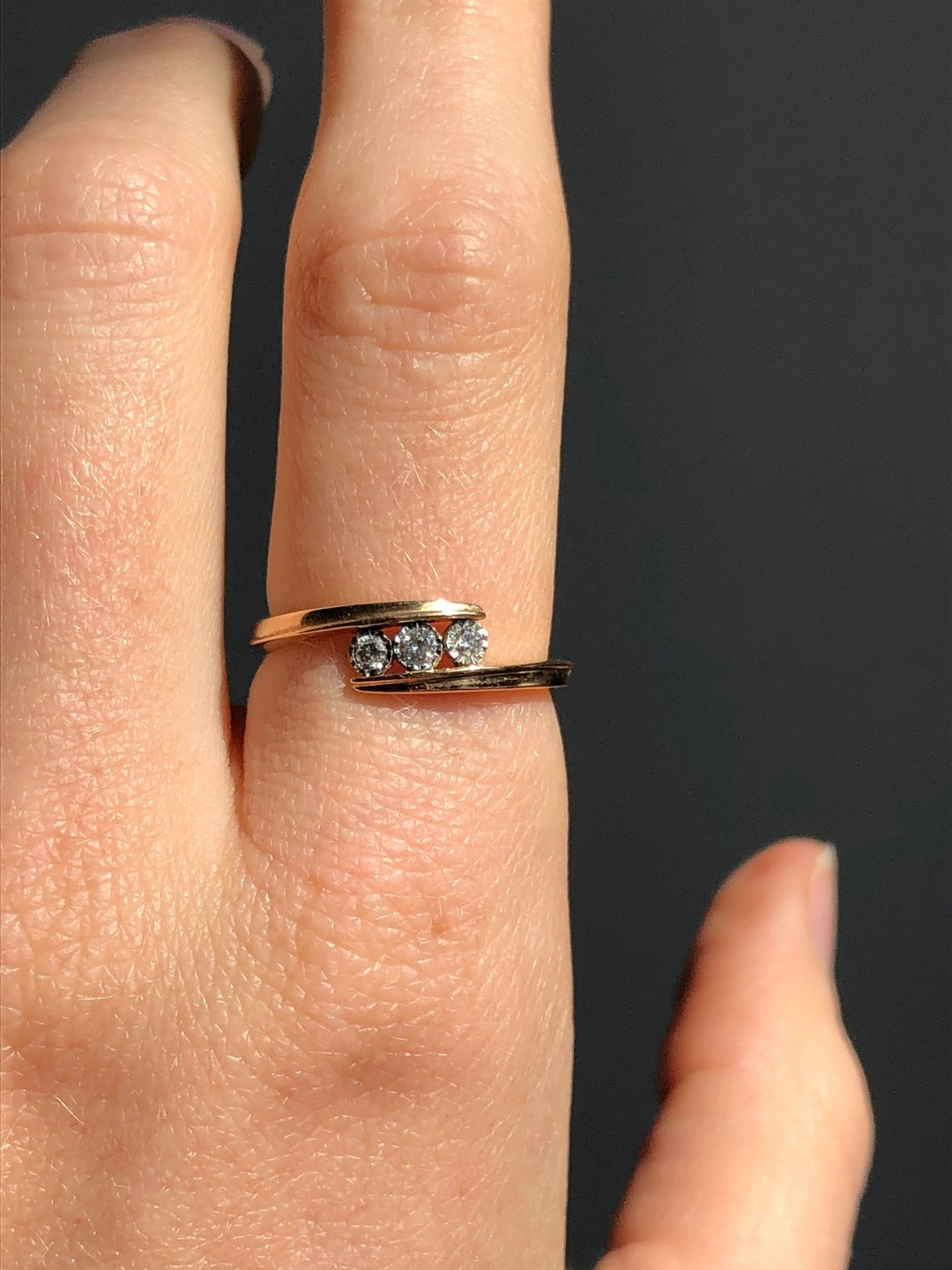 Vintage 10k Gold and Diamond Ring Size 7 / Triple Diamond Ring ...