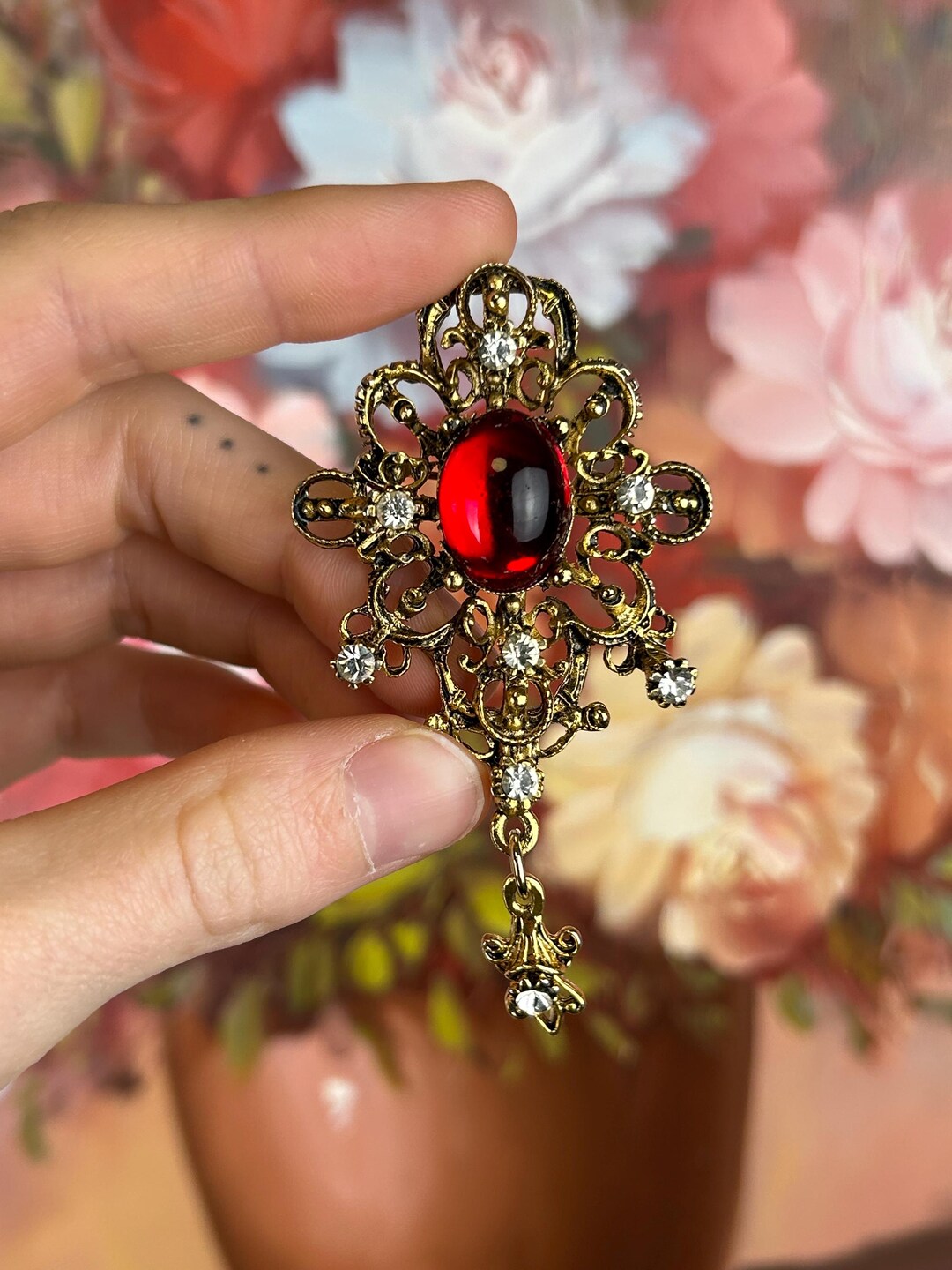Vintage Gold Tone Statement Brooch / Red Gemstone / Rhinestones ...
