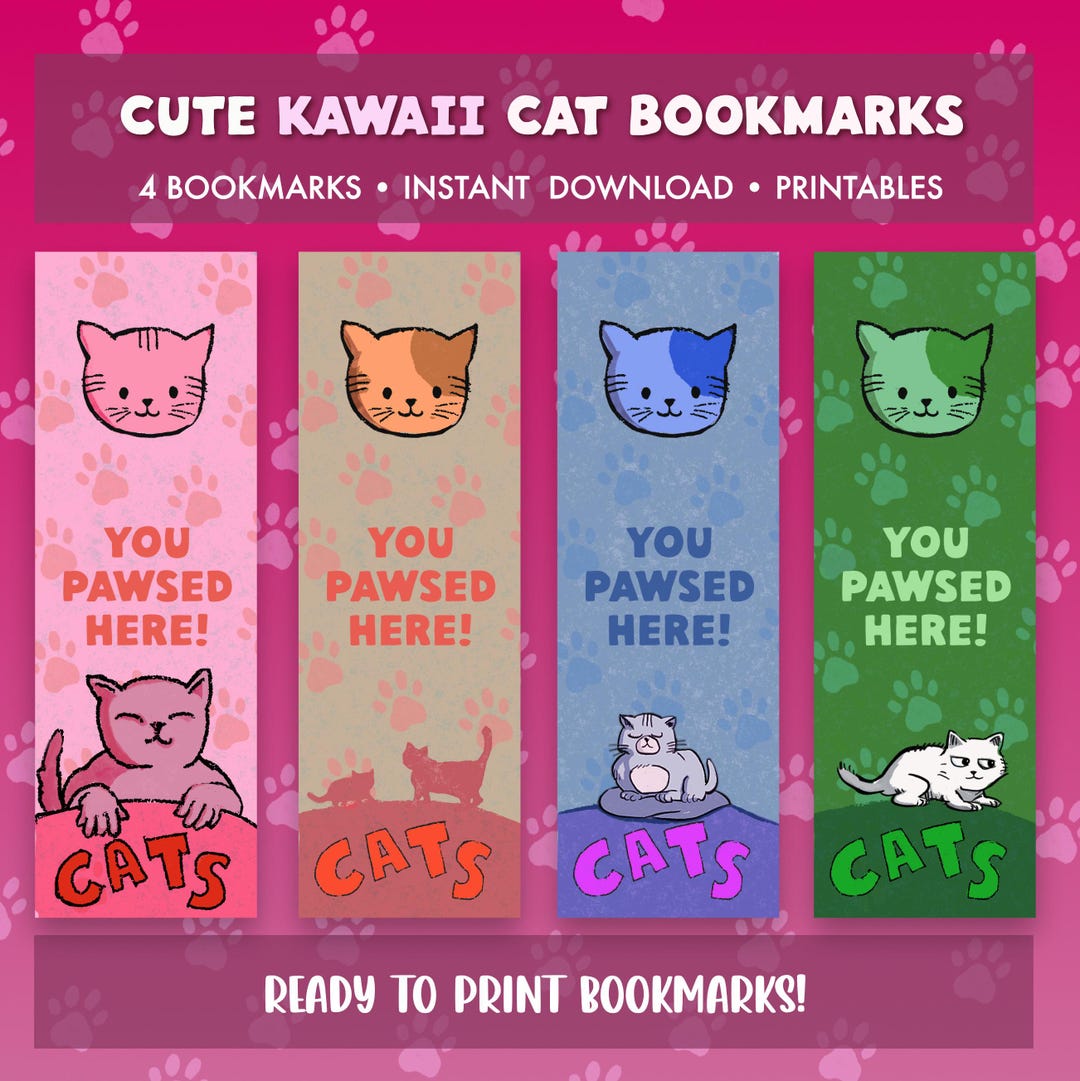 Adorable Kawaii Cat Bookmarks, Set of 4, Printable Digital Download ...