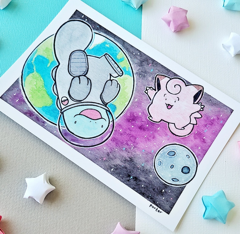 Space Friend Quagsire and Clefairy Mini Print - Etsy
