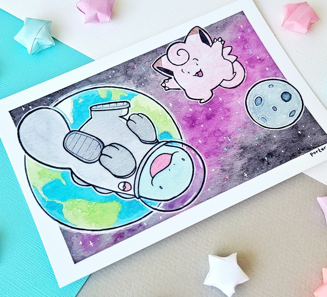 Space Friend - Quagsire and Clefairy Mini Print - Etsy