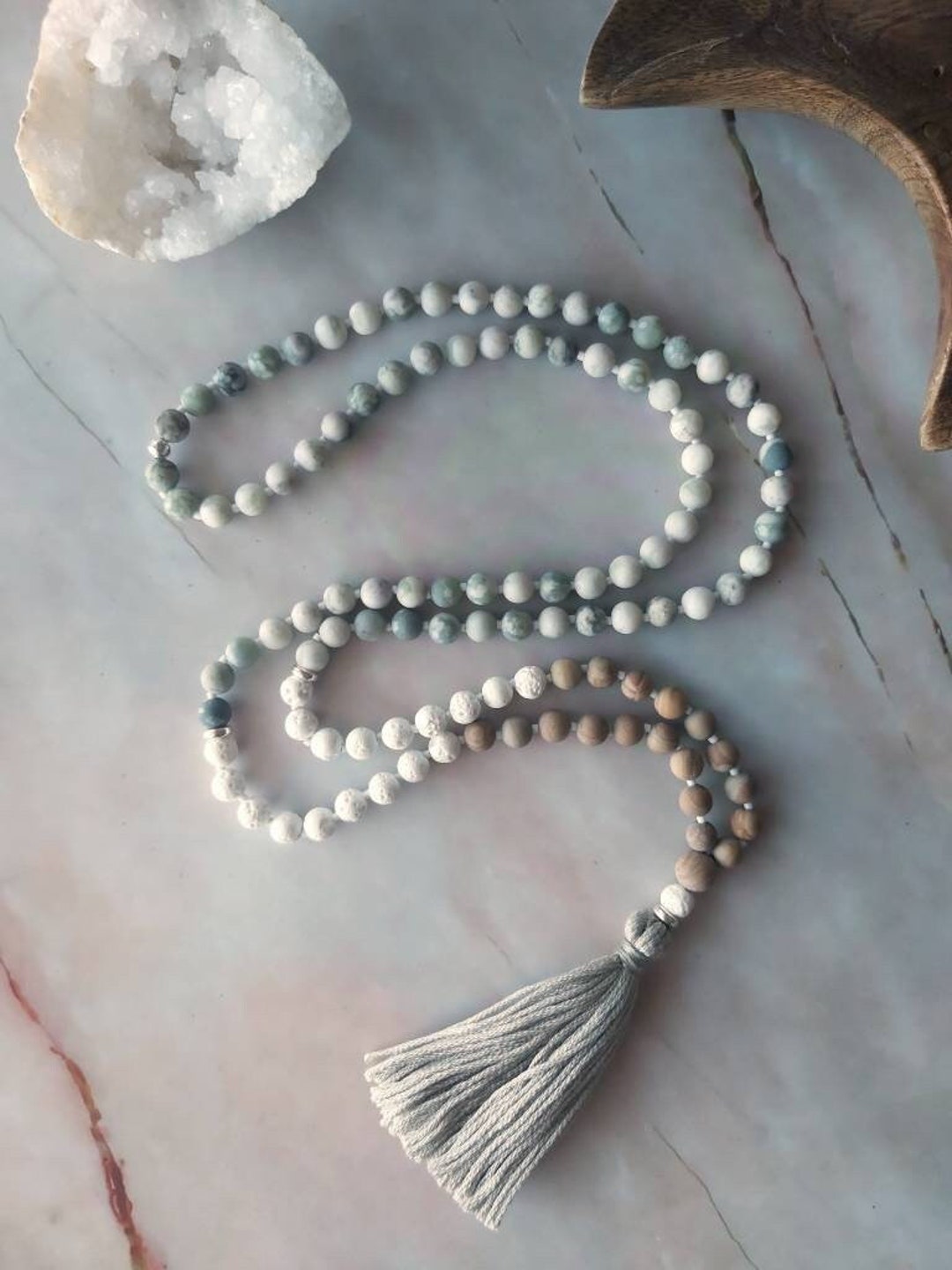 Mala, Peace Jasper and Wood Jasper Mala Necklace, Healing Necklace ...