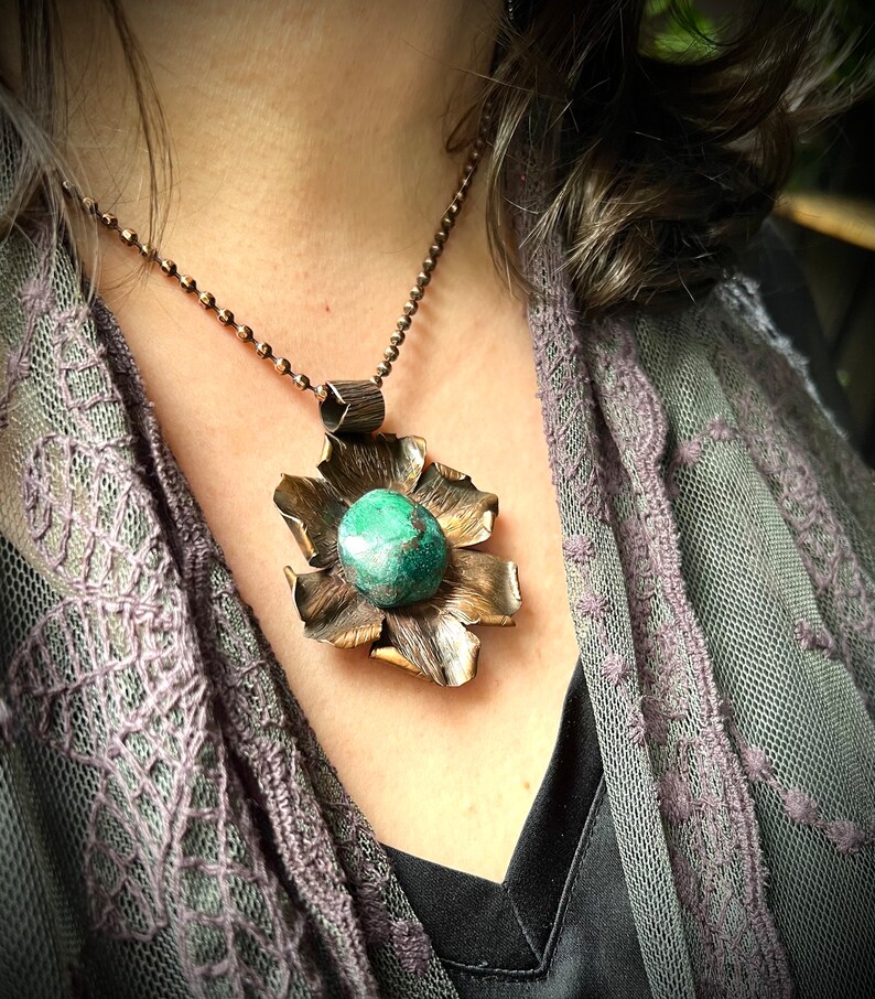 Chrysocolla Oxidized Copper Daisy Flower Necklace Copper Ball Chain ...