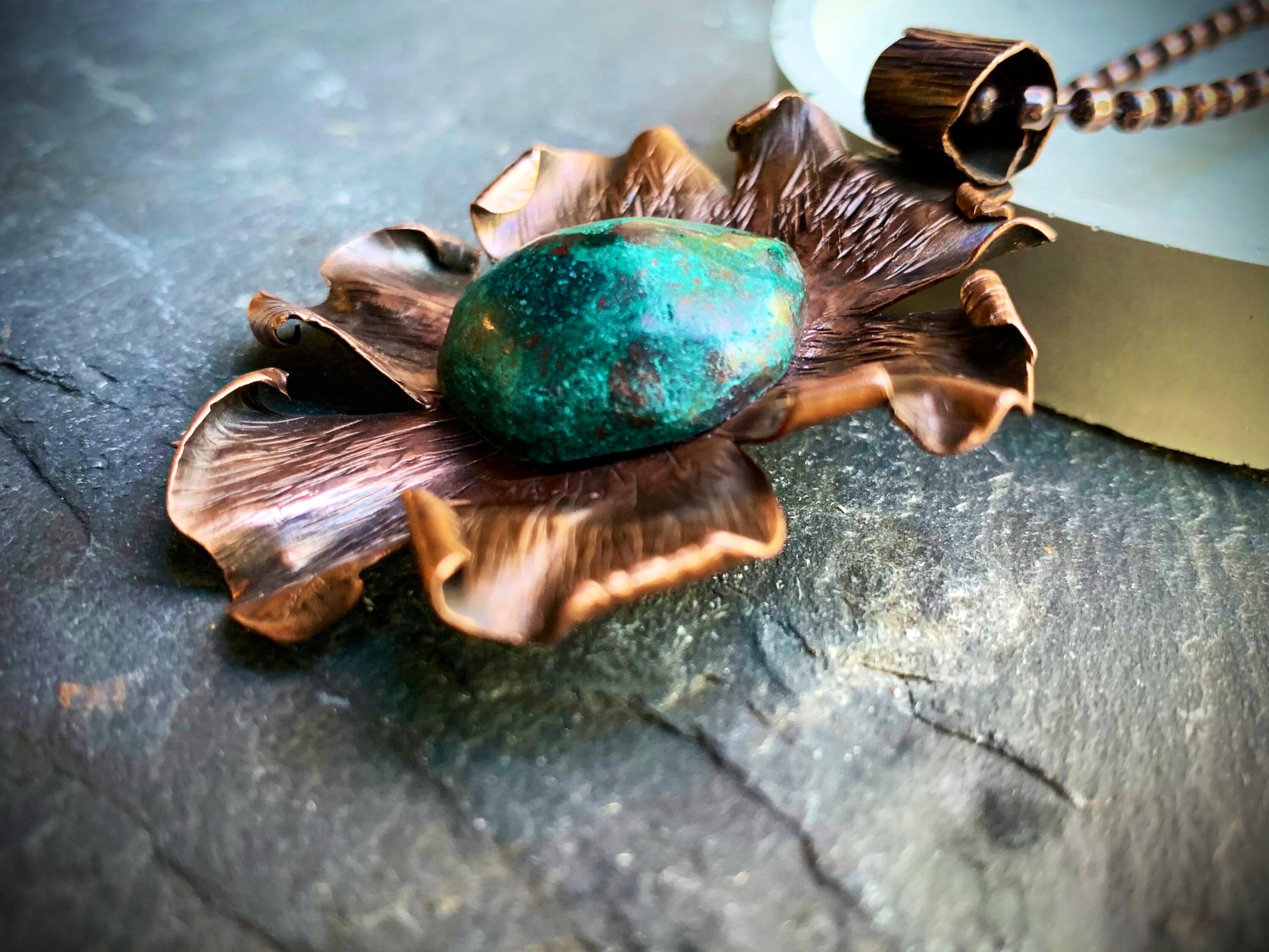 Chrysocolla Oxidized Copper Daisy Flower Necklace Copper Ball Chain ...