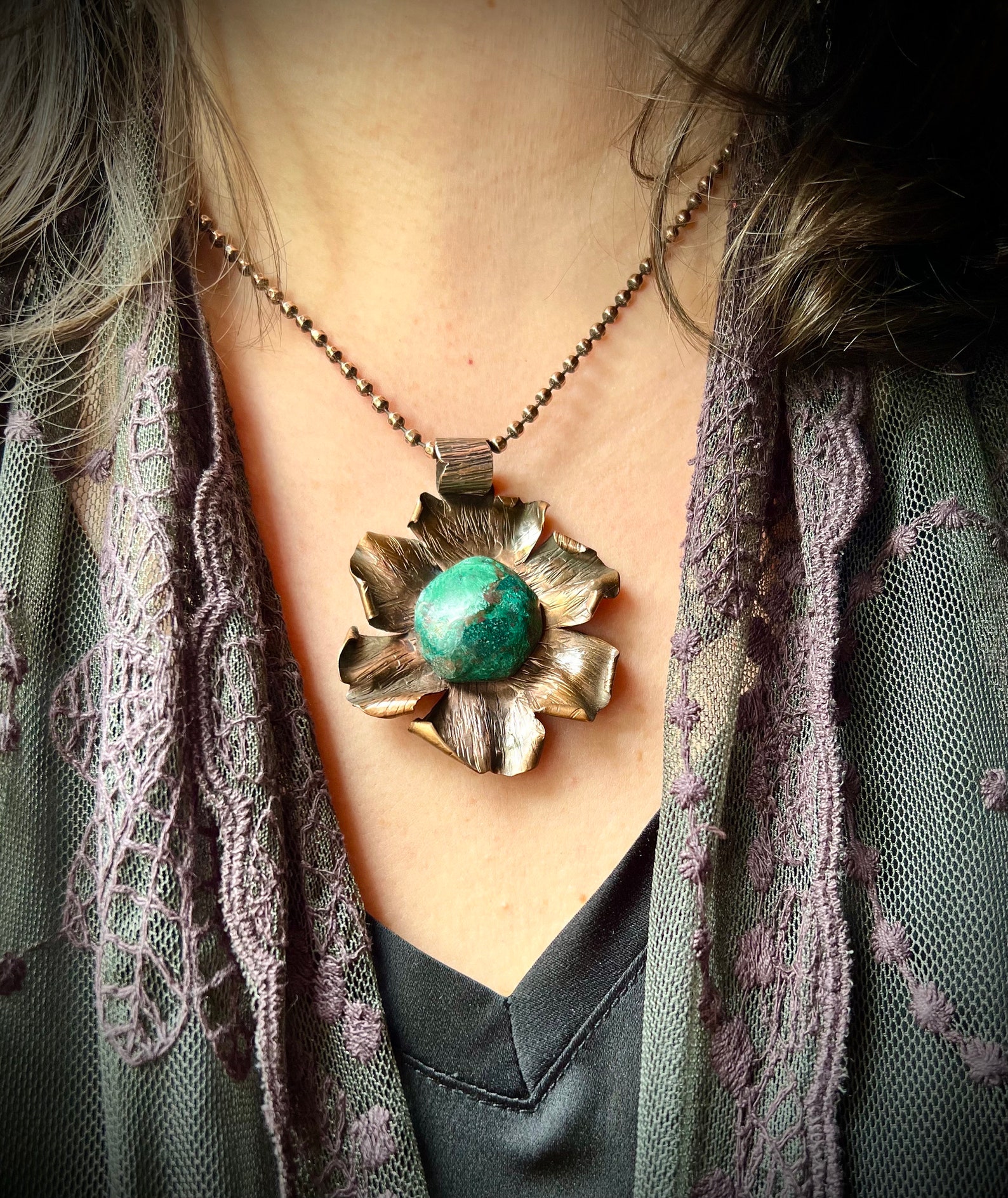 Chrysocolla Oxidized Copper Daisy Flower Necklace Copper Ball Chain ...