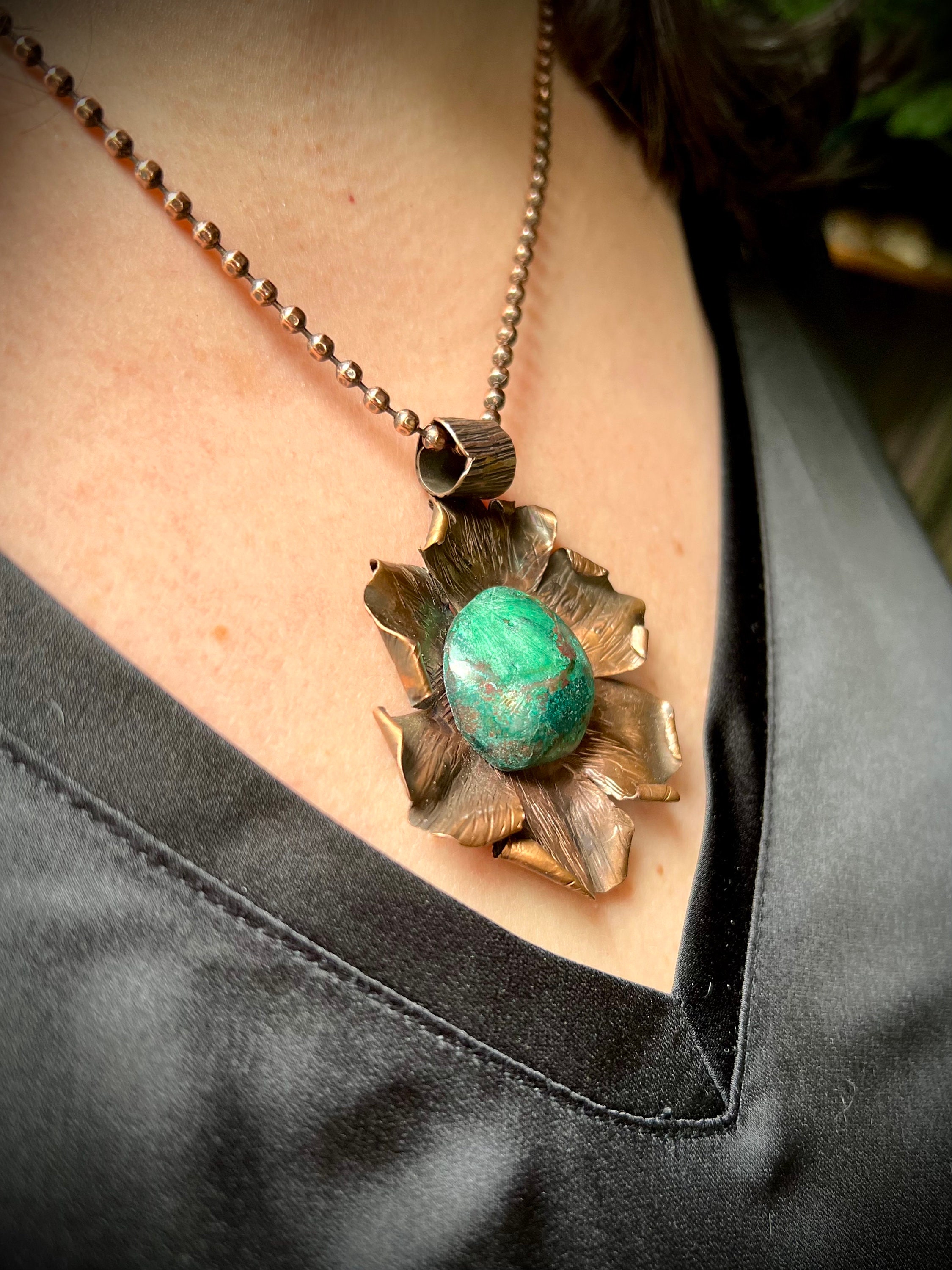 Chrysocolla Oxidized Copper Daisy Flower Necklace Copper Ball Chain ...