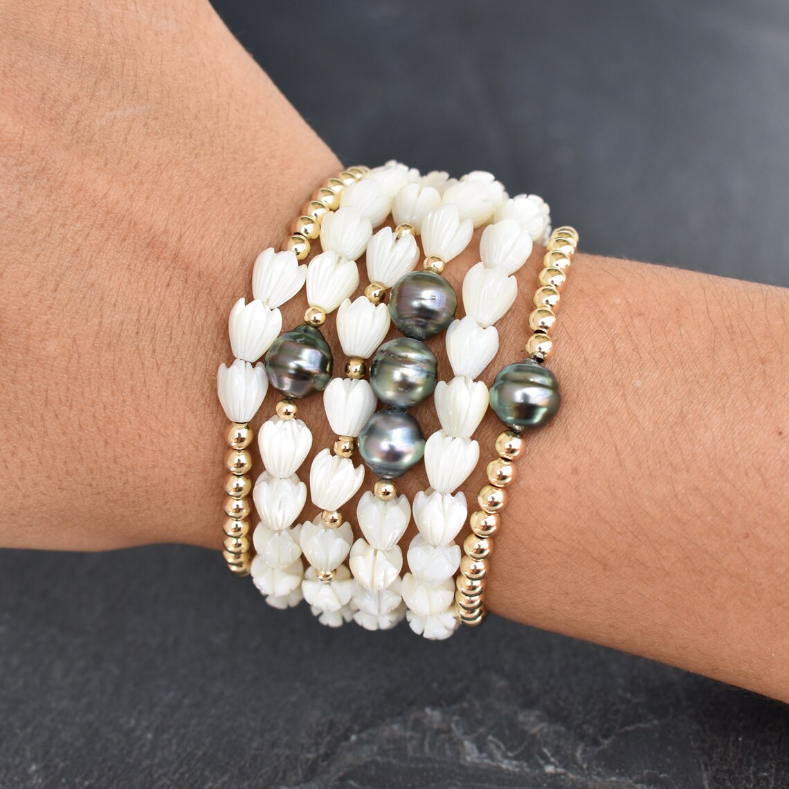 Pikake & Metal Bead Accent Stretchy Bracelet, Bridesmaid Bracelet ...