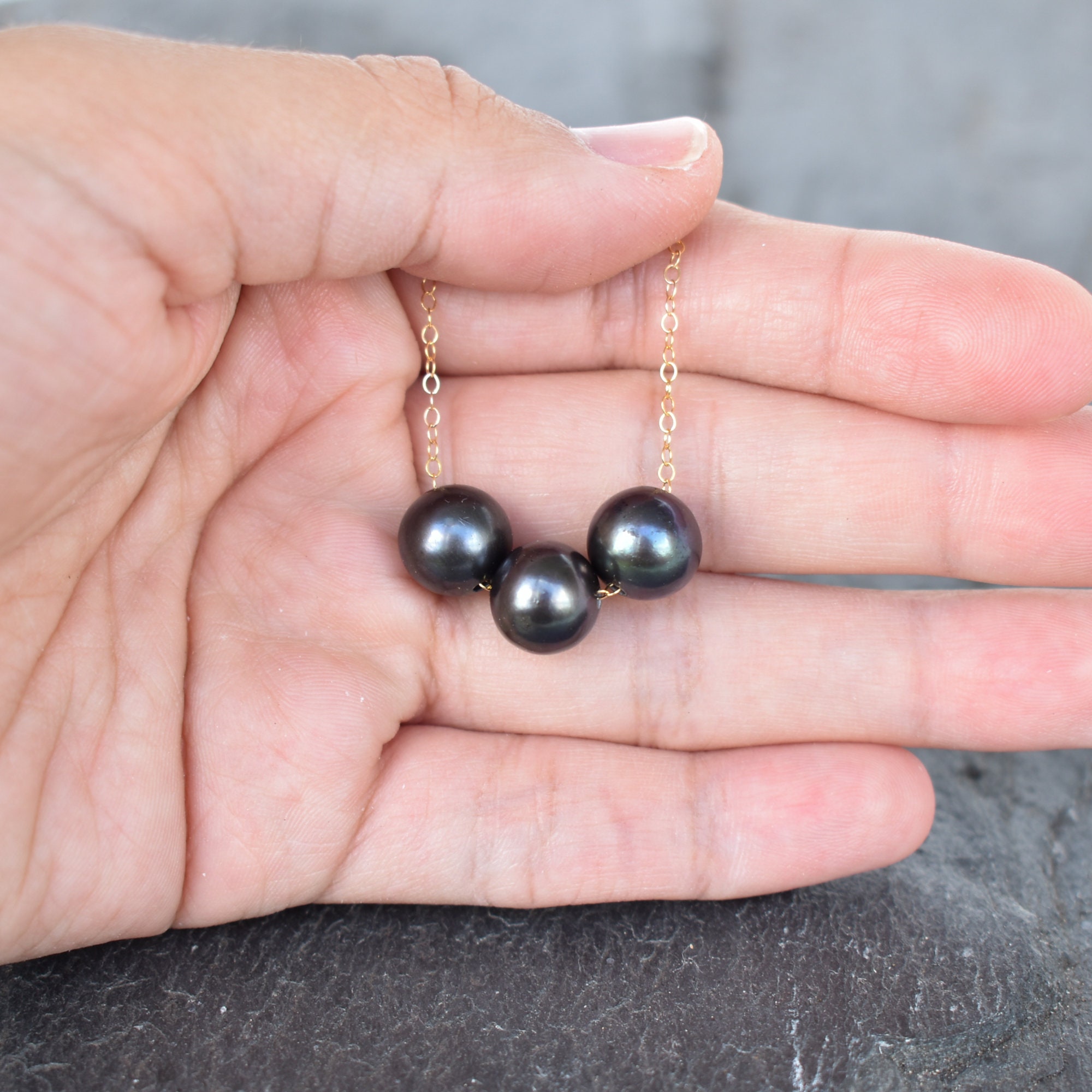 Triple Round Floating Pearl Necklace Black Pearl Necklace Etsy