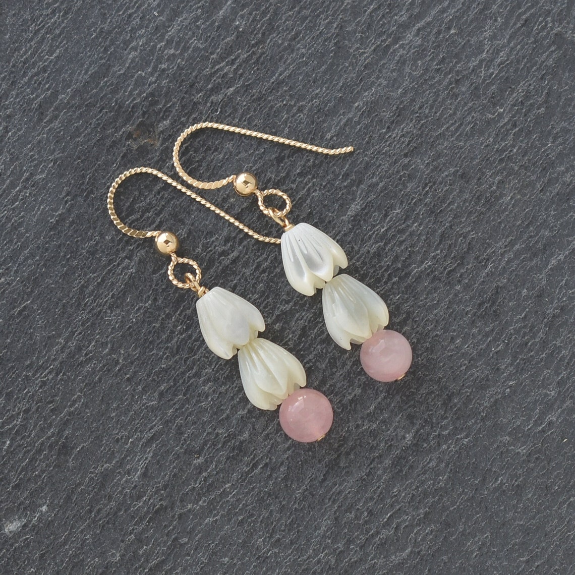 Rose Quartz and Double Pikake Cluster Earrings - Etsy
