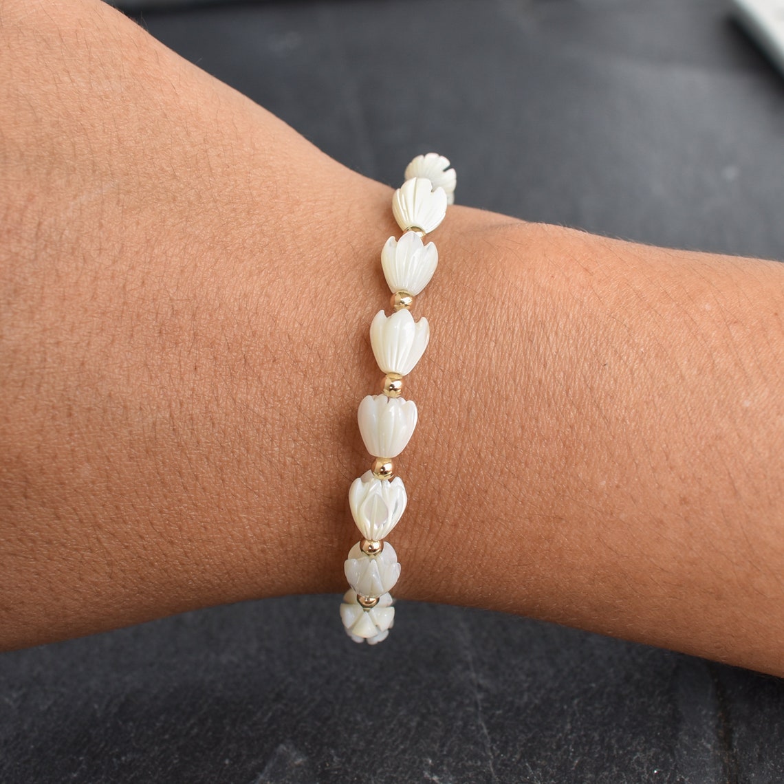 Pikake & Metal Bead Accent Stretchy Bracelet, Bridesmaid Bracelet ...