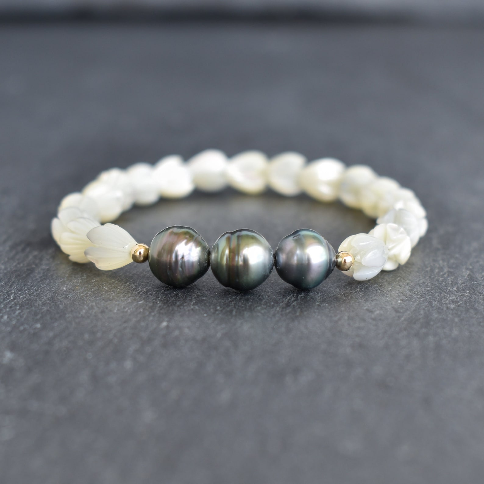 Pikake Stretchy Bracelet W/ Triple Circlé Tahitian Pearls, Tahitian ...