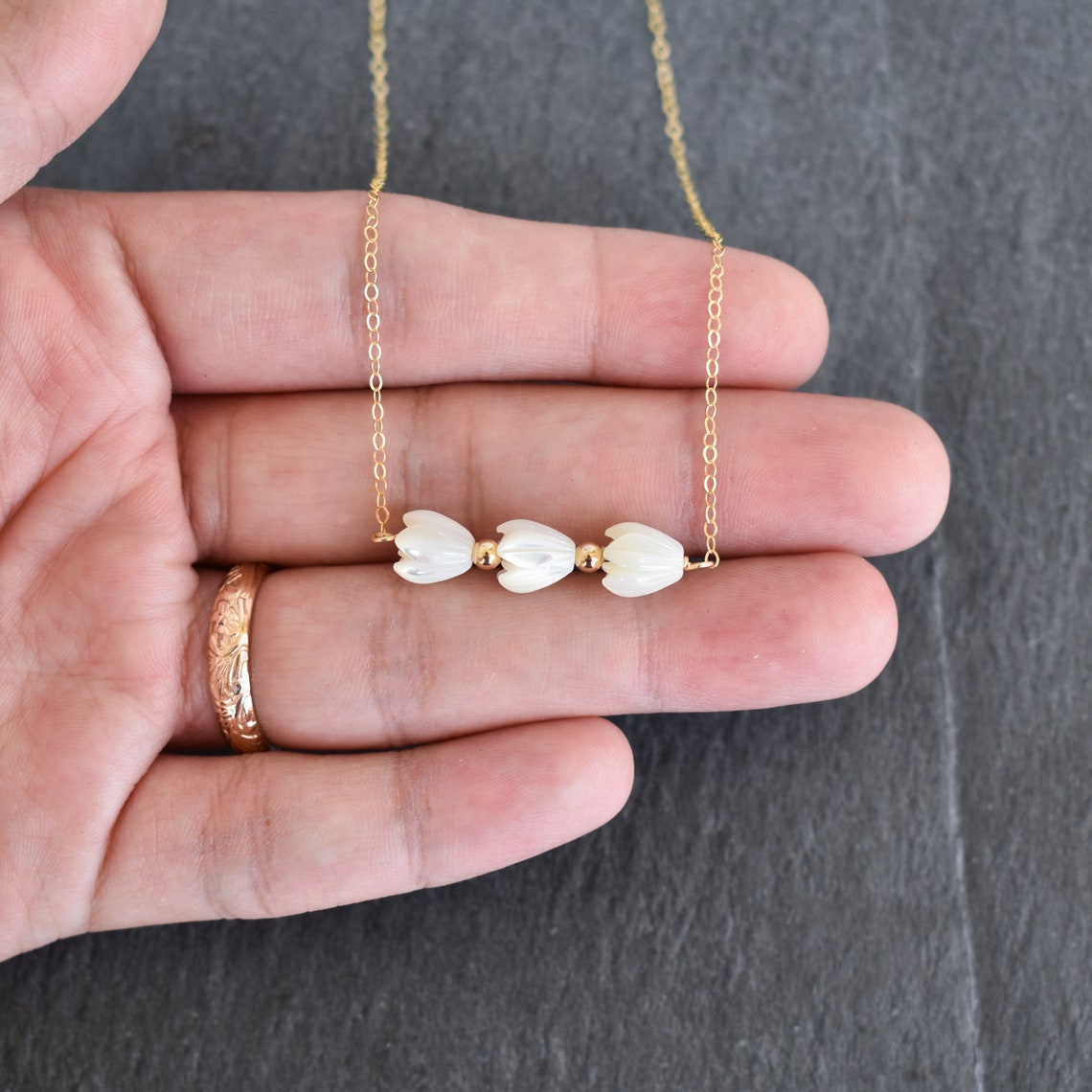 Triple Pikake Necklace With Metal Accent Beads, Mother of Pearl Pikake ...