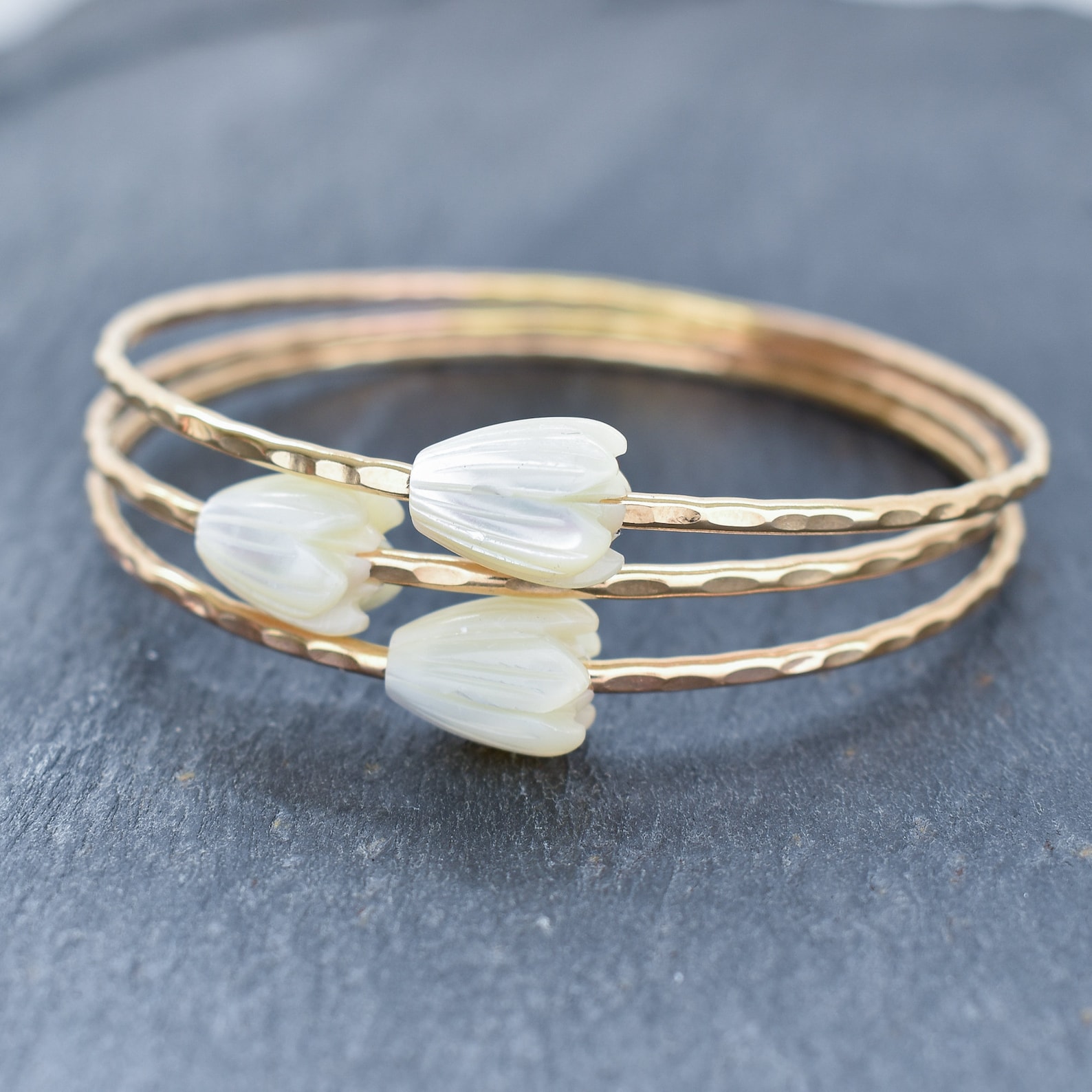 Mother of Pearl Pikake Bangle Bracelet, Pikake Bead Jewelry, Textured ...