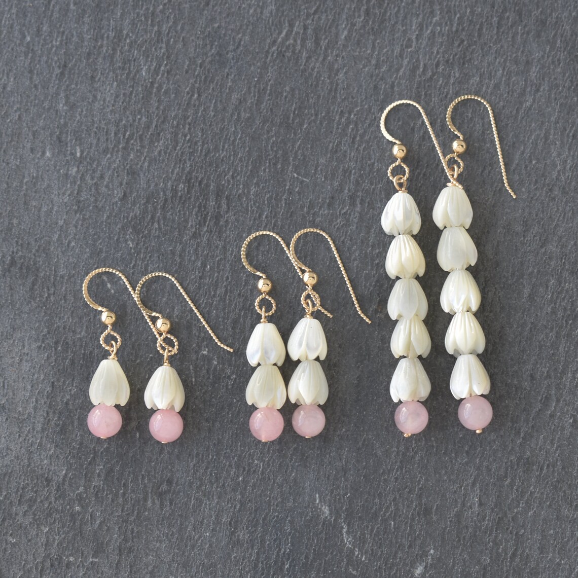 Rose Quartz and Double Pikake Cluster Earrings - Etsy