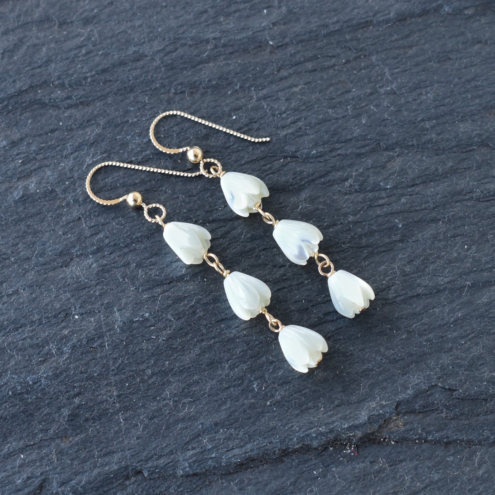 Three Linked Pikake Mother of Pearl Earrings, Dangling Pikake Earrings ...