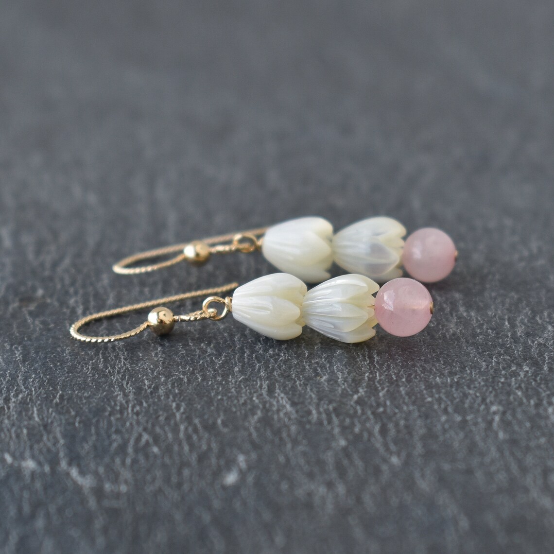 Rose Quartz and Double Pikake Cluster Earrings - Etsy