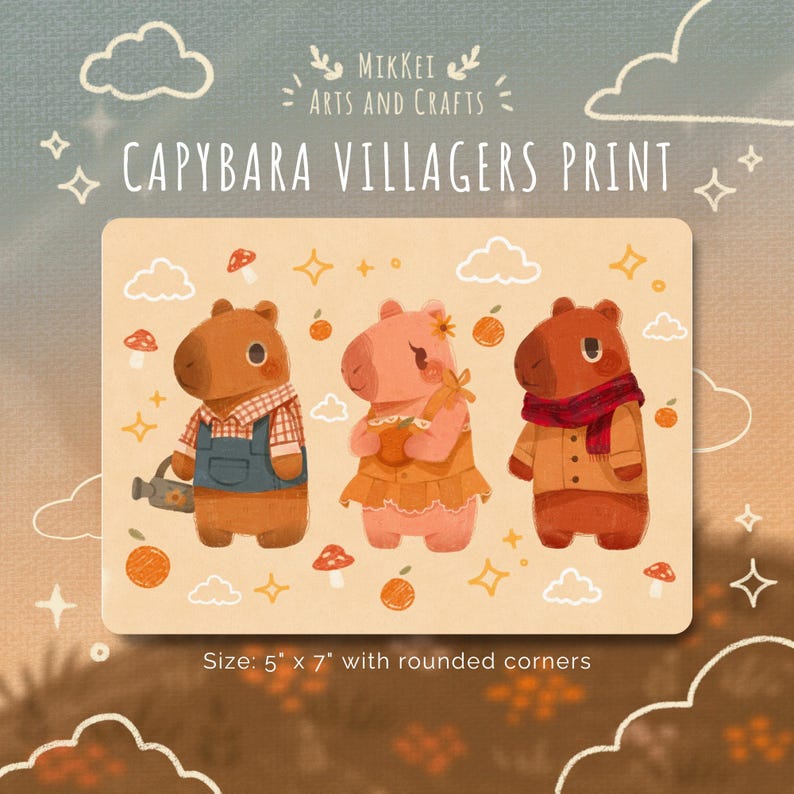 Capybara Villagers Art Print, Cute Animal Postcard, Cozy Gaming Wall ...