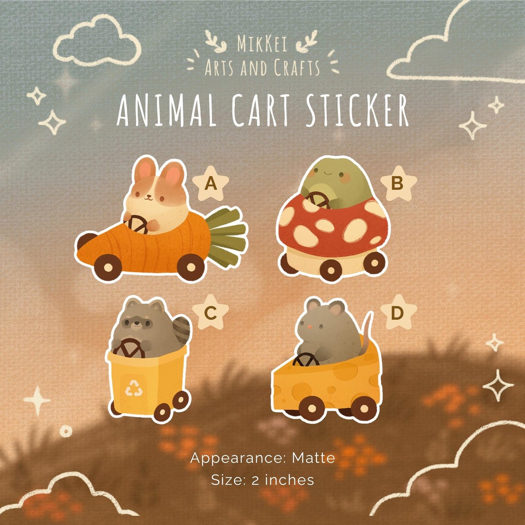 Adorable Animal Carts Vinyl Sticker, Cute Creatures in Go-karts Sticker ...