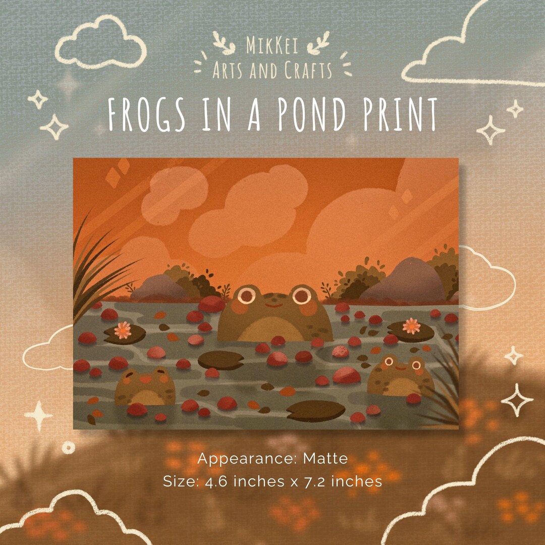 Frogs in a Pond Art Print, Cute Frog Wall Art, Cozy Autumn Wall Decor ...