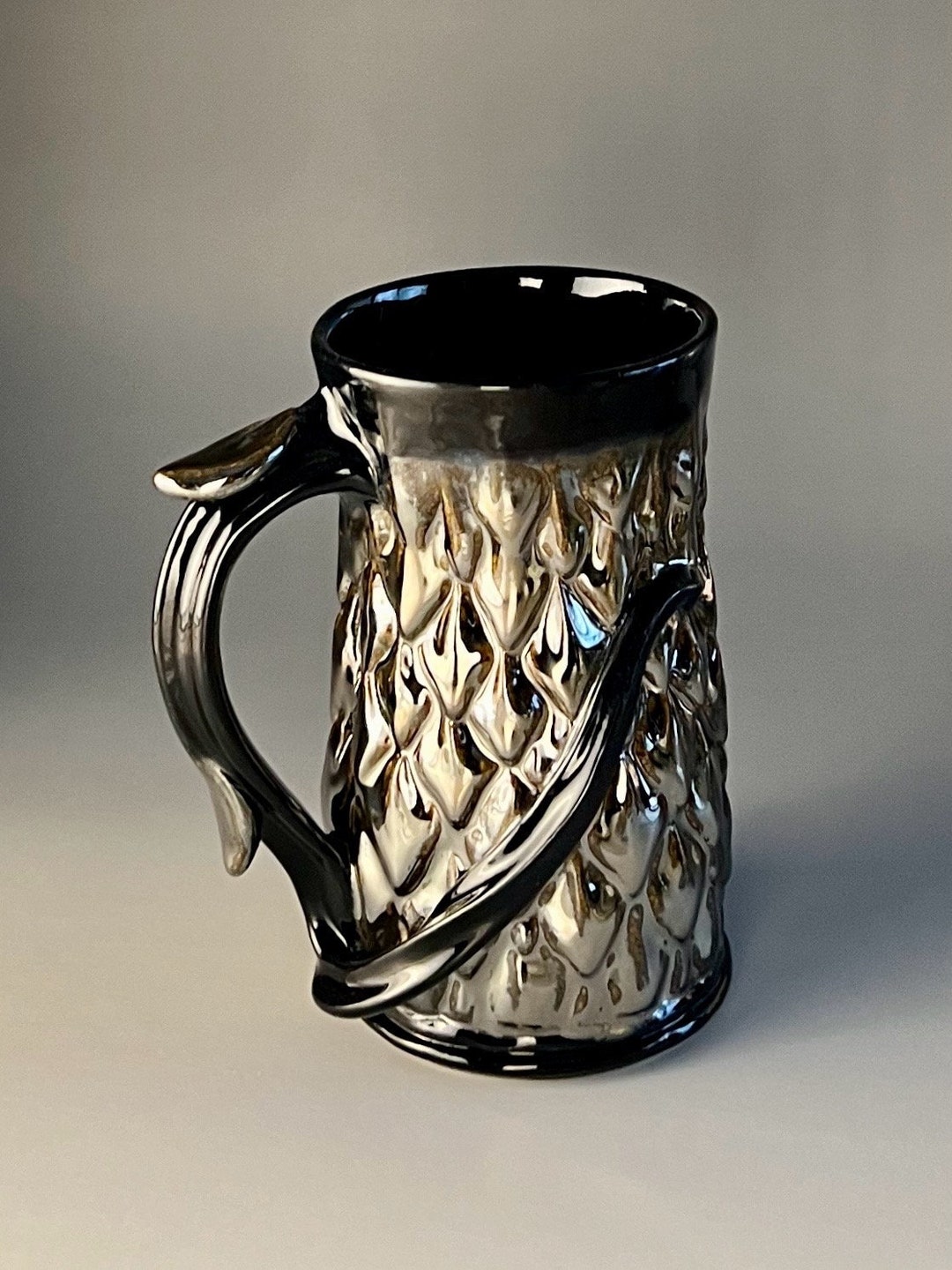 Handcrafted Stoneware Dragon Tankard, Metallic & Obsidian Glaze, 20+ Oz ...