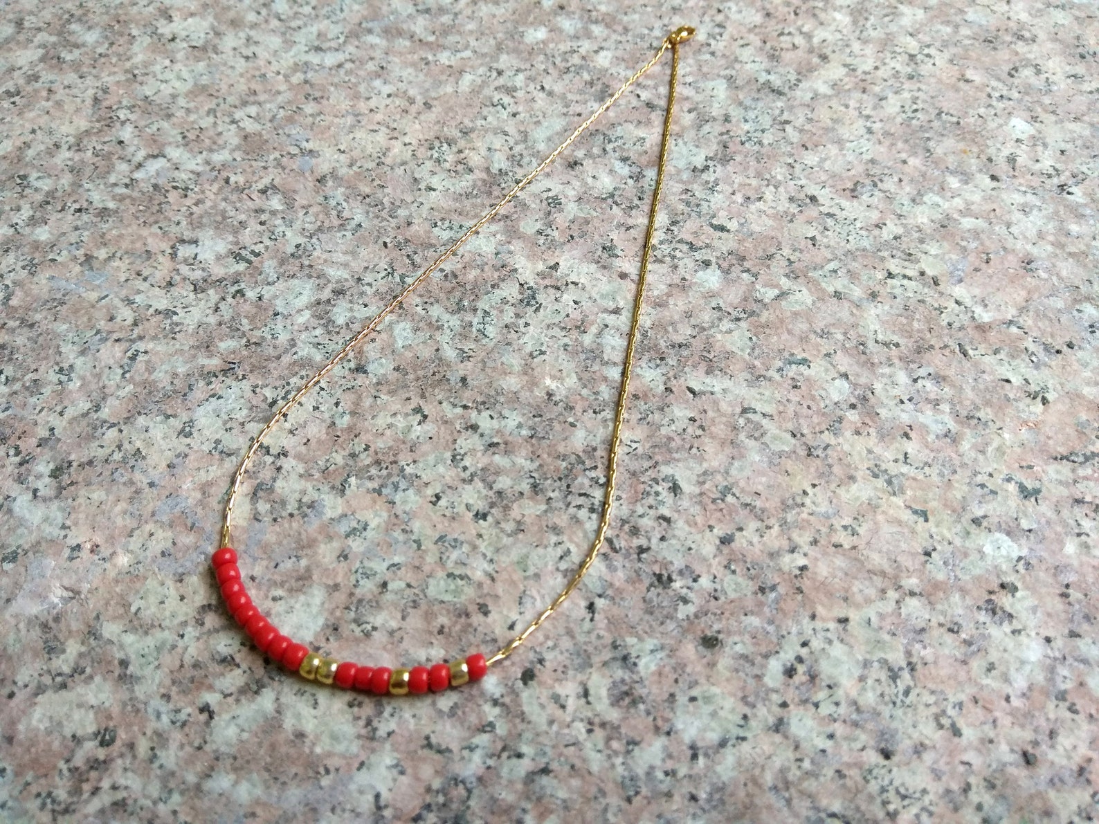 Beaded Necklace Tiny Red Gold Beads Minimalist Delicate Dainty Necklace ...