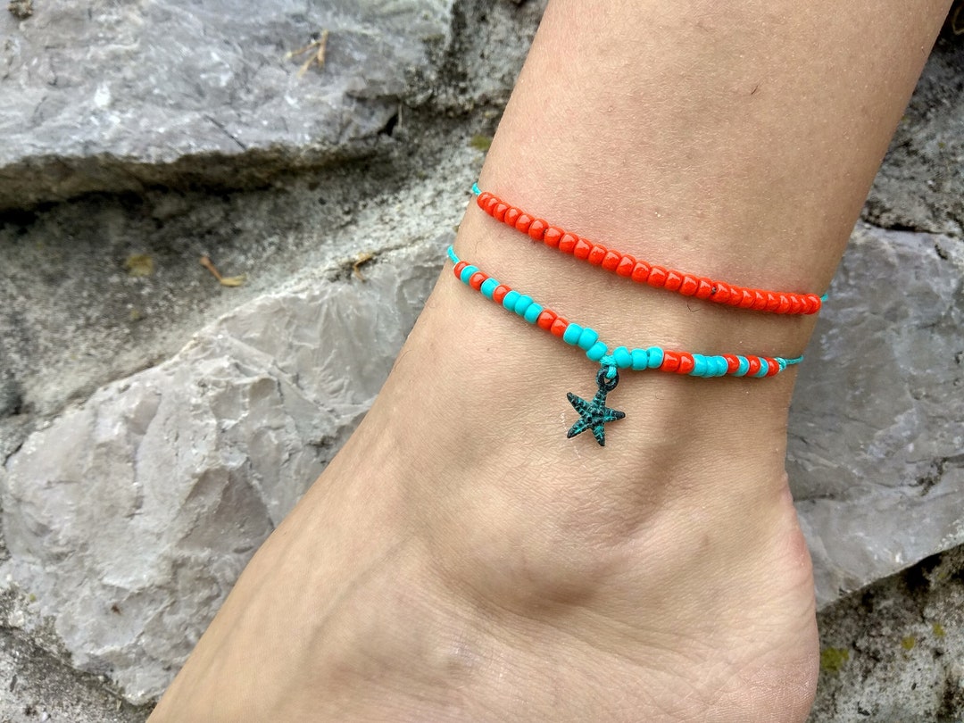 Set of 2 Anklets Starfish Anklet Layered Beaded Anklet Starfish Ankle ...
