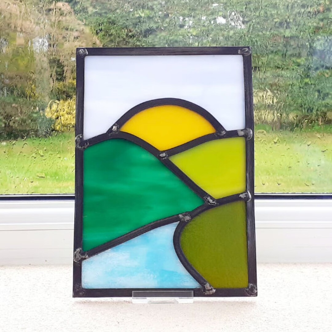 Leaded Stained Glass Panel, Landscape With River and Green Fields - Etsy