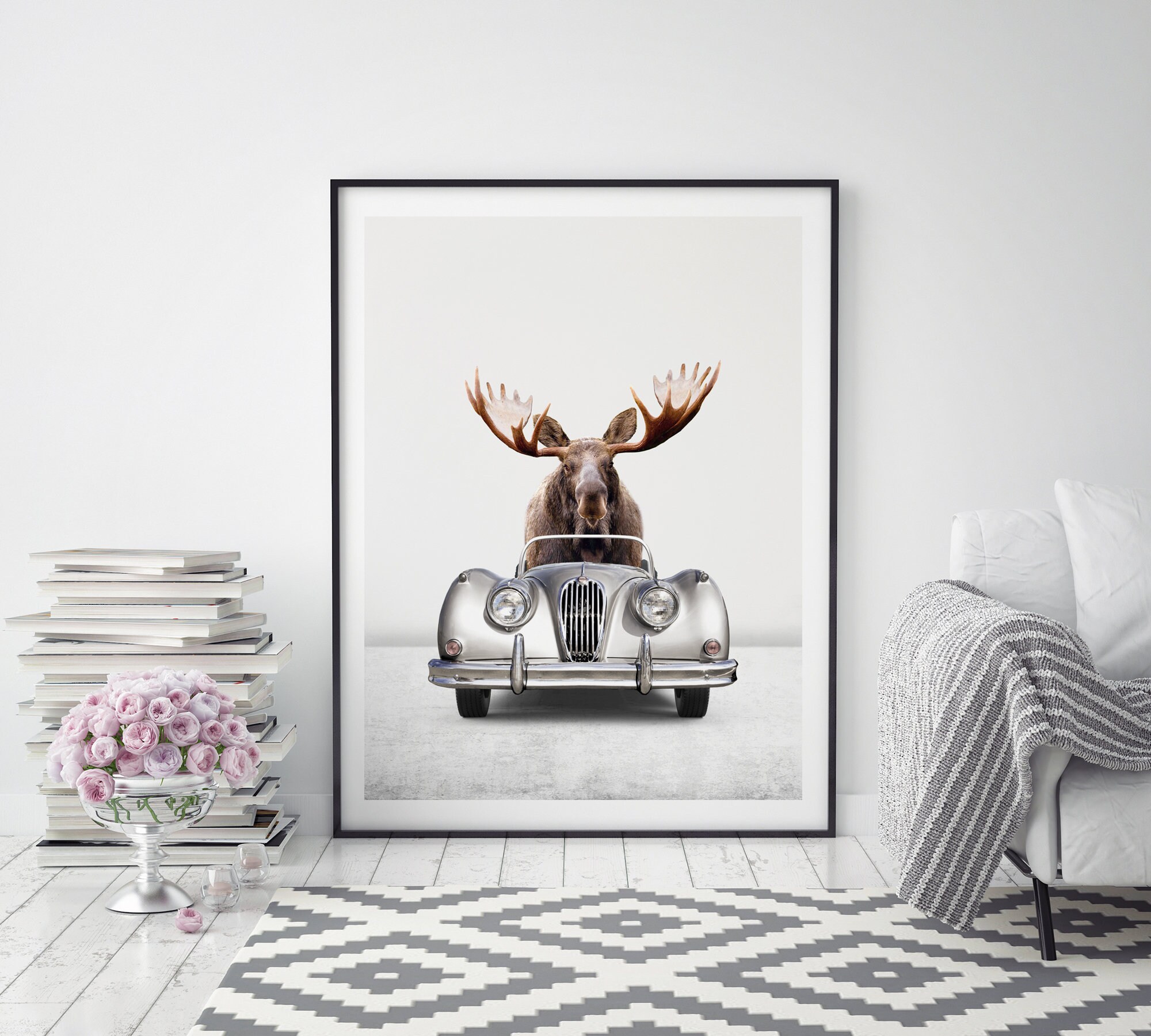 Moose in a Car, Moose Driving a Car, Funny Animal, Funny Wall Art ...