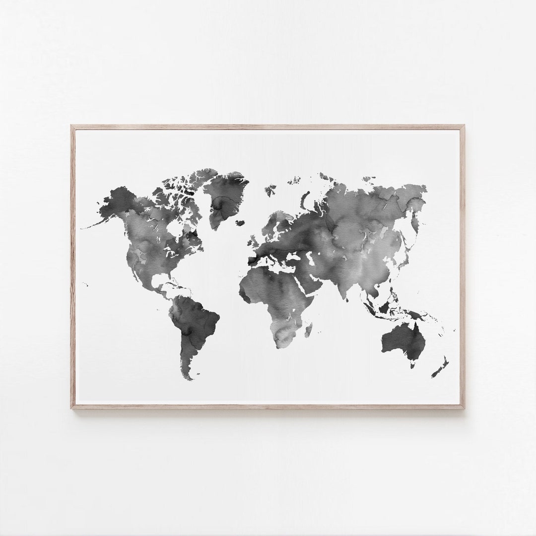 Grey World Map Printable, Grey White Watercolor World Map, Abstract ...