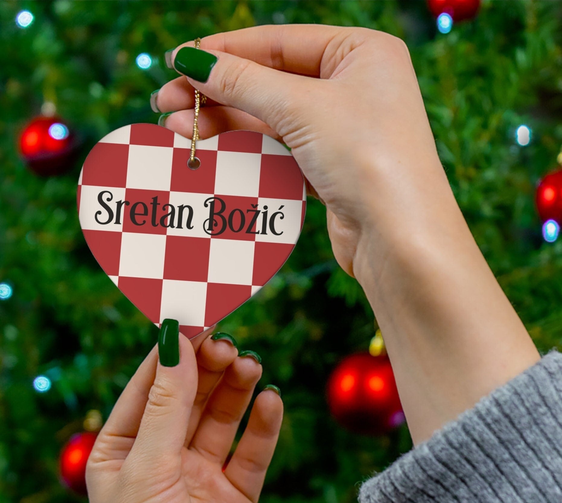 Checkered Heart Croatian Christmas Ornament, Sretan Bozic Hrvatski ...