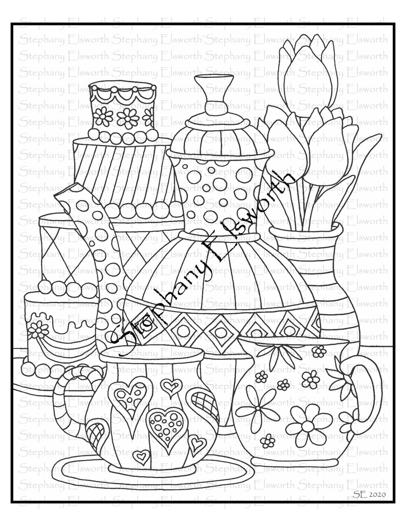 Whimsical Tea Set 8 1/2 X 11 Printable Instant Download Coloring Page ...