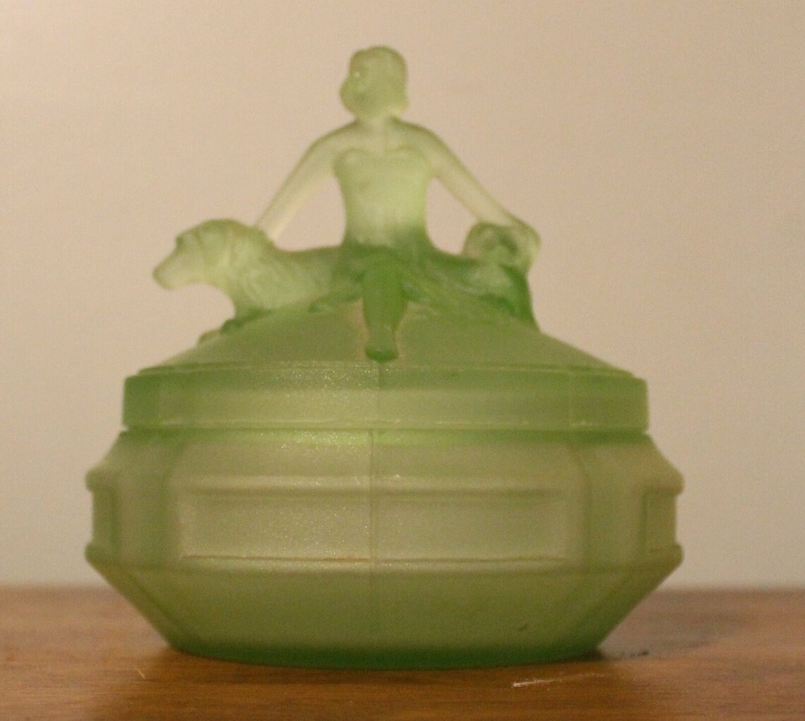 1930s Powder Jar Art Deco Green Satin Glass With Lady and Dogs - Etsy