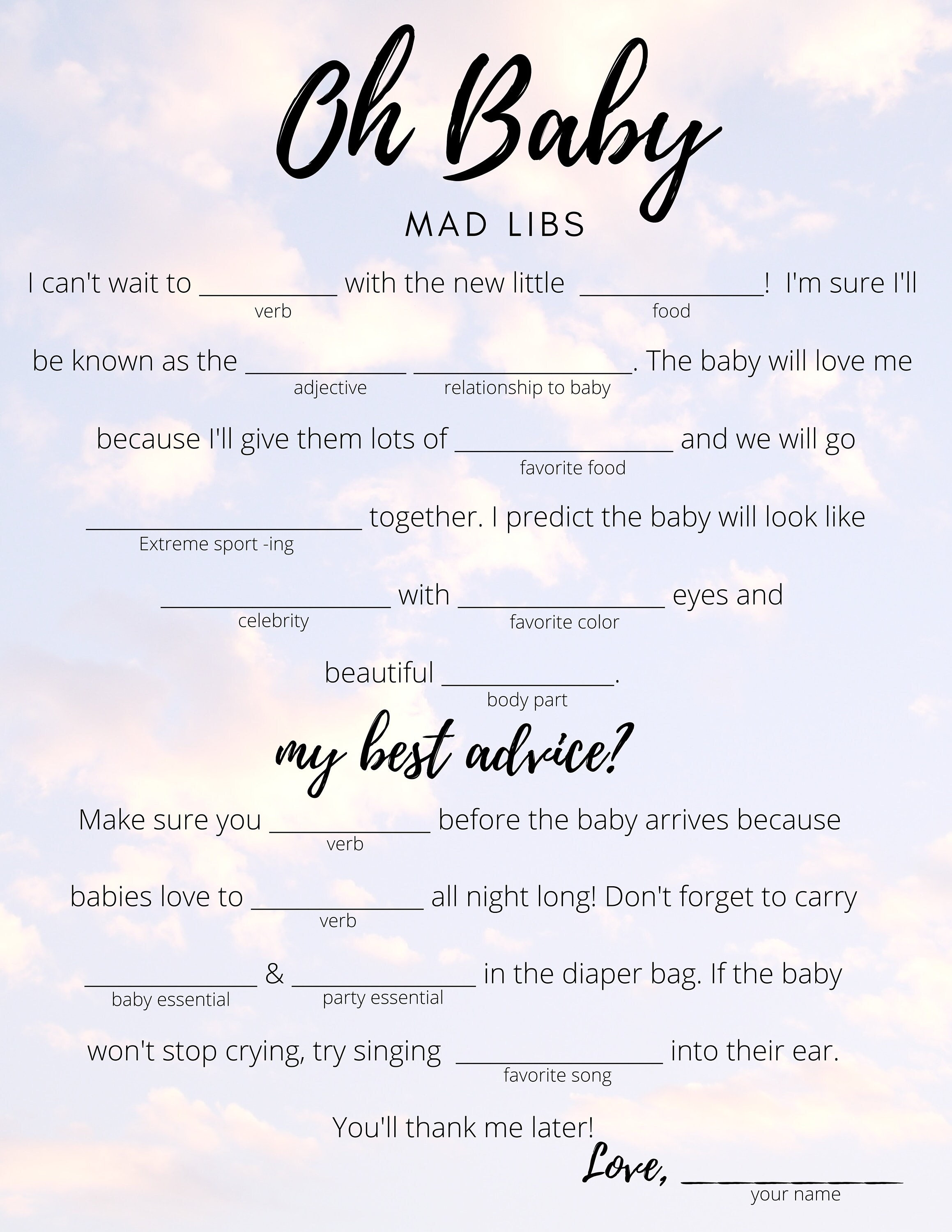 Oh Baby! Mad Libs for Baby Shower - Etsy