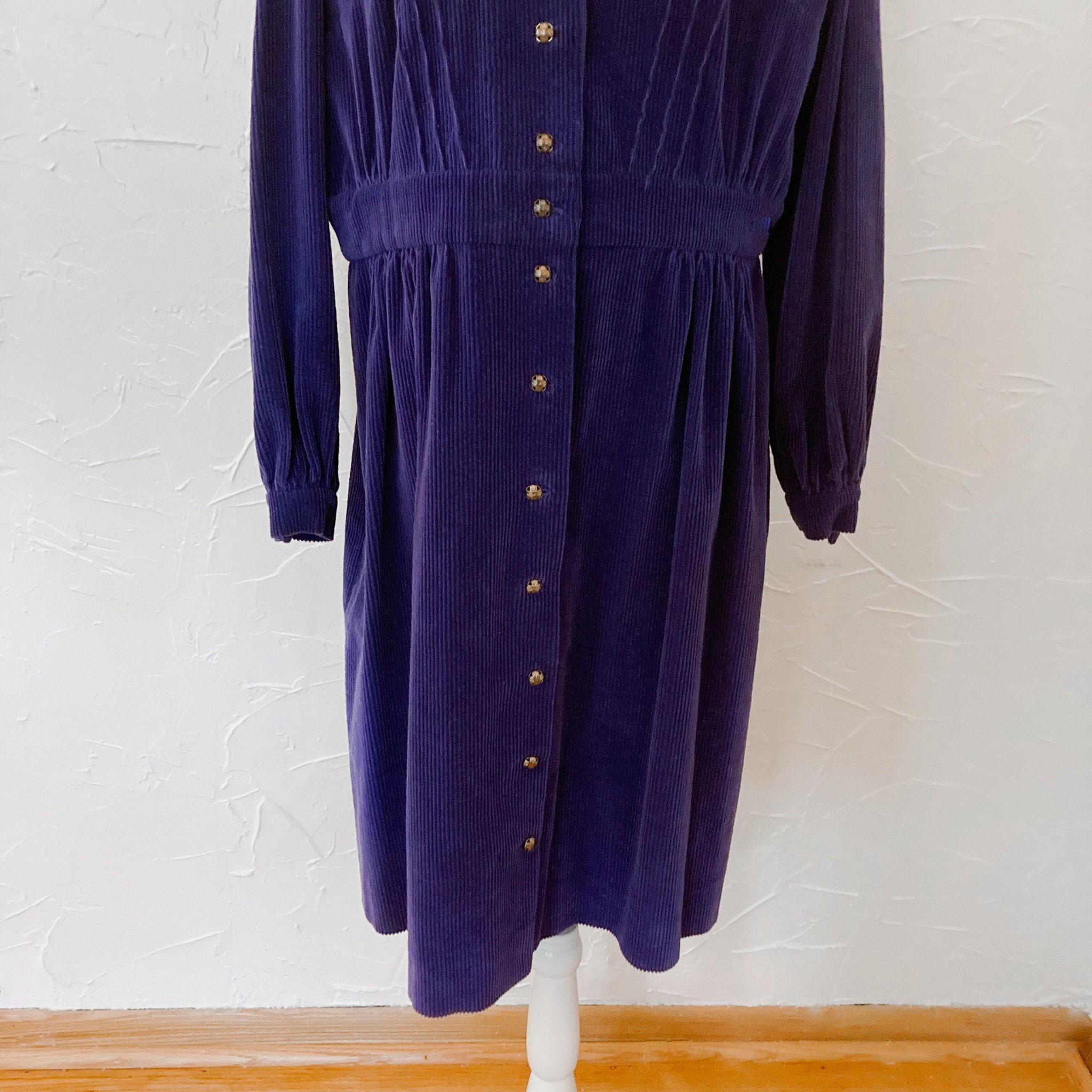 70s/80s Blue Corduroy Wide Wale Mock Neck Gold Button Shirt Dress ...