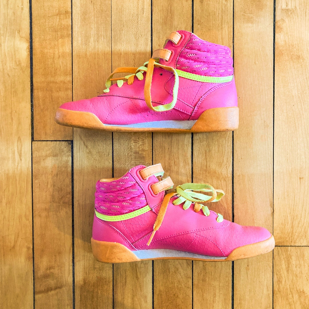 80s/90s Youth Hot Neon Pink Orange and Yellow Reebok High Top Sneakers ...