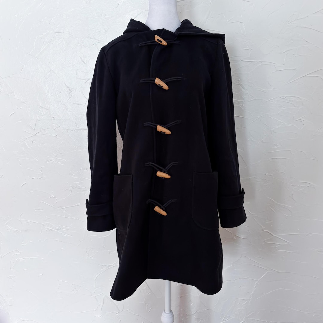 90s J. Crew Black Wool Wooden Toggle Hooded Pea Coat | Small - Etsy