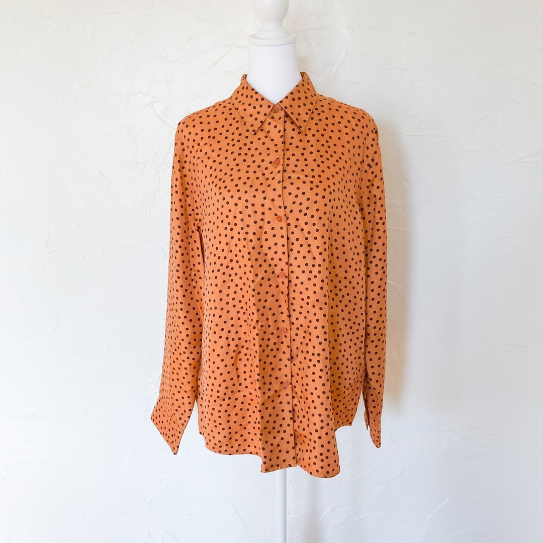 90s Silk Orange and Brown Polka Dot Collared Button up Blouse | Large ...