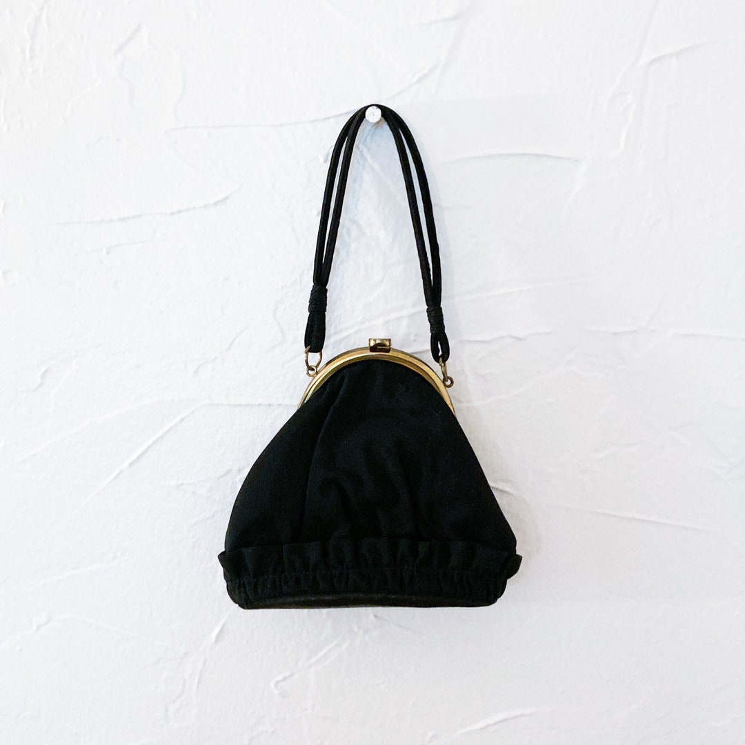 50s Ruffled Black Rayon and Gold Clasp Handbag Purse - Etsy
