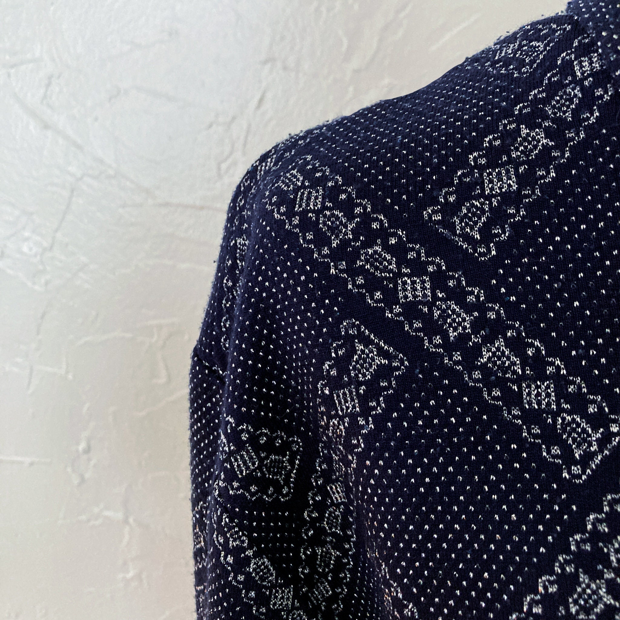 70s Metallic Silver and Navy Blue Bandana Pattern Knit Top - Etsy