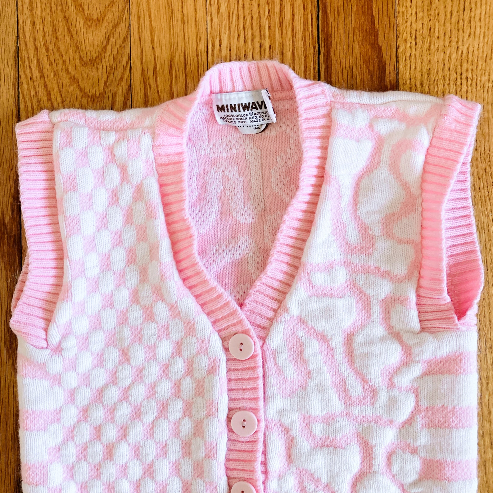 80s Kids Abstract Mixed Pattern Knit Button Down Sweater Vest in Pink ...