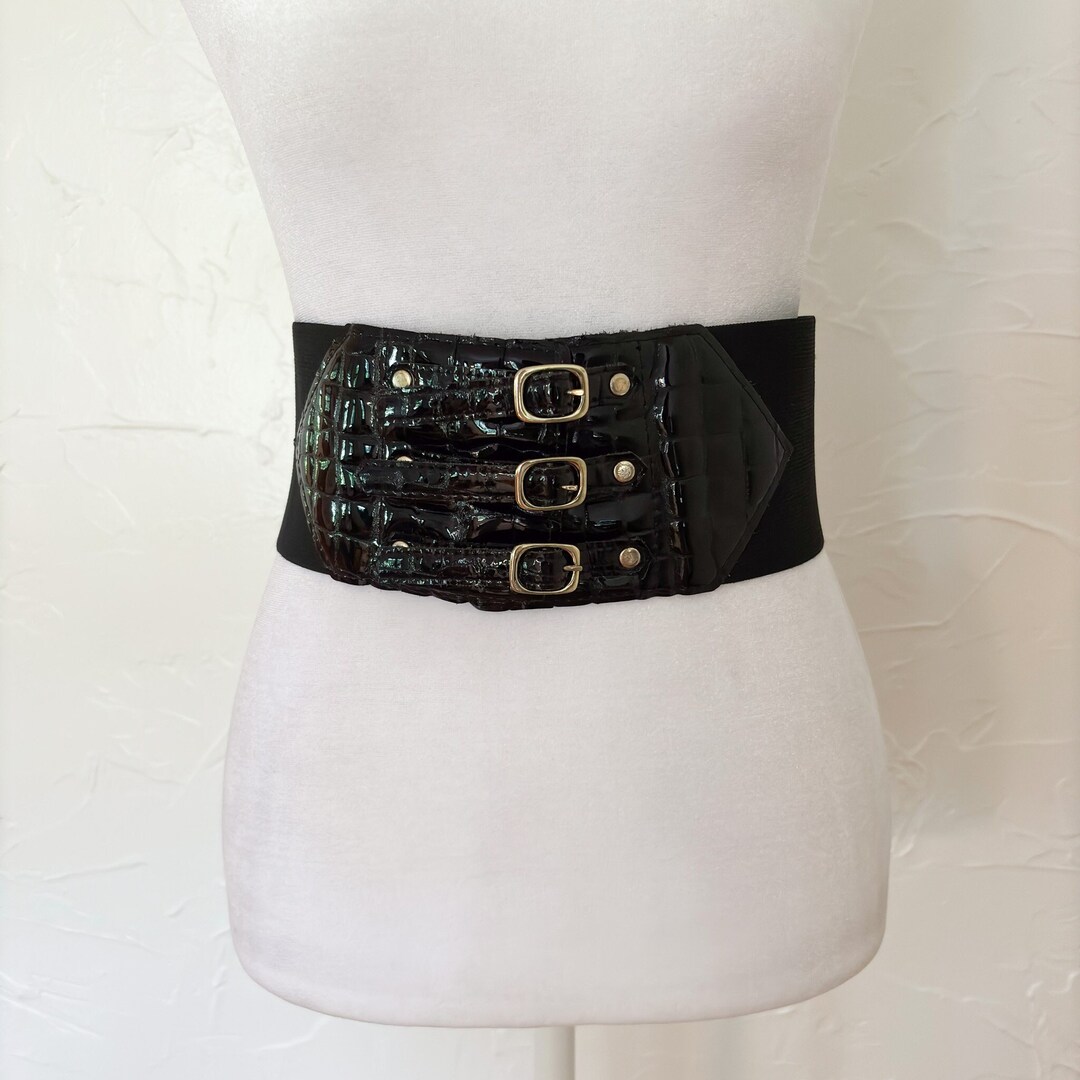 80s/90s Bebe Multi Buckle Ultra Wide Black Stretchy Waist Belt With ...