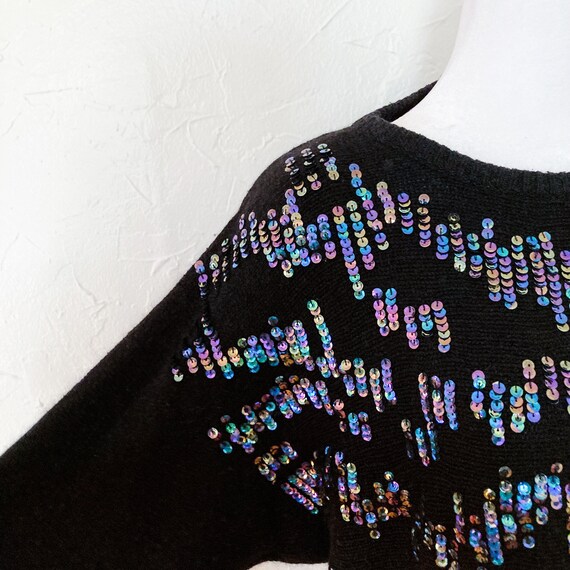 80s Iridescent Sequined Embellished Glam Black Silk L… - Gem
