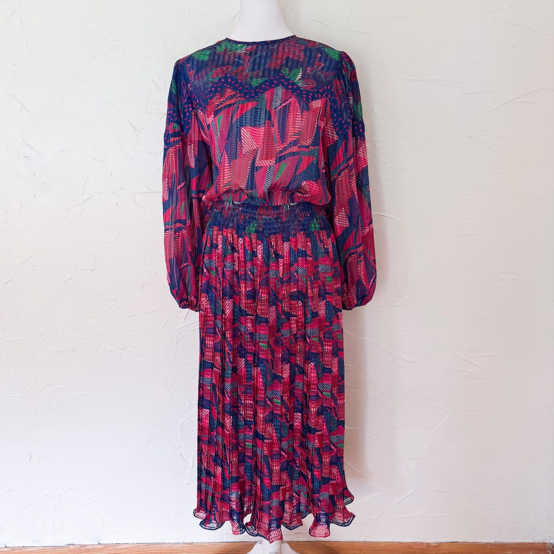 80s Designer Diane Freis Georgette Multi Print Dress With Balloon ...